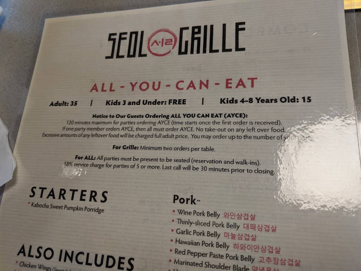 Menu at Seol Grille Korean BBQ restaurant, Cary, NC, Cary