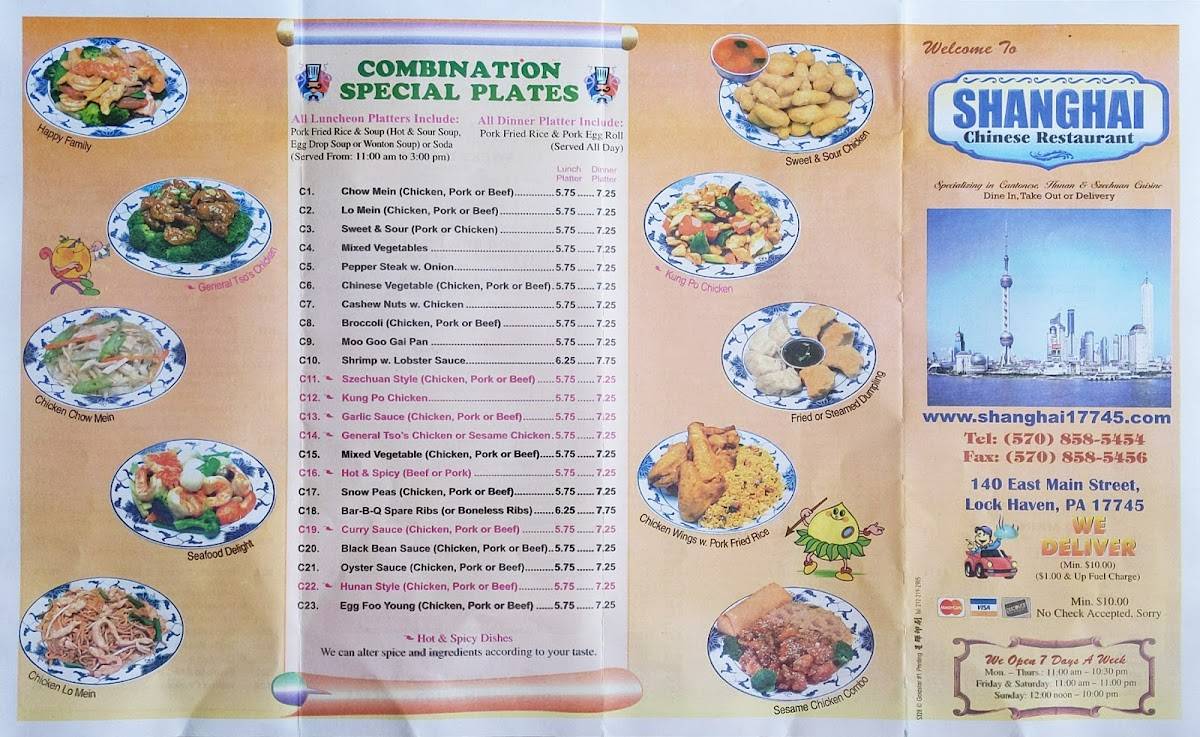 Menu at Shanghai Chinese Restaurant, Lock Haven