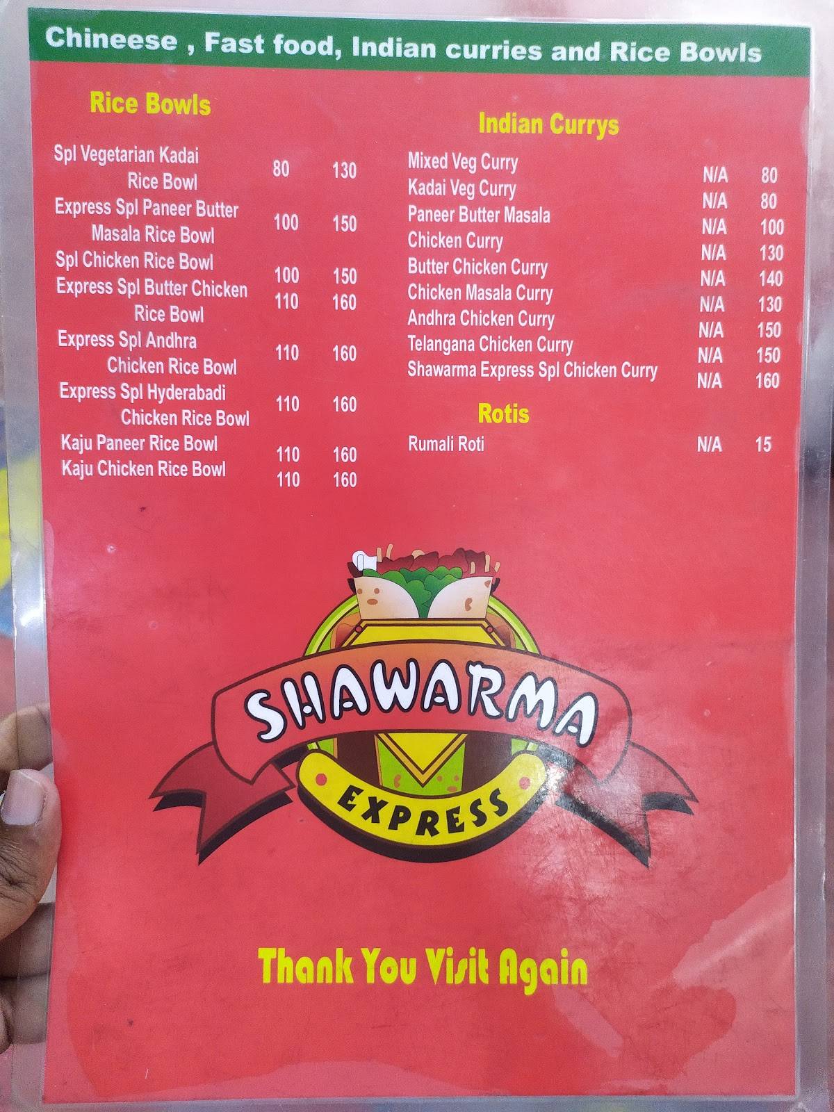 Menu at Shawarma express, Hyderabad, Street number 6 maruthi suzuki ...
