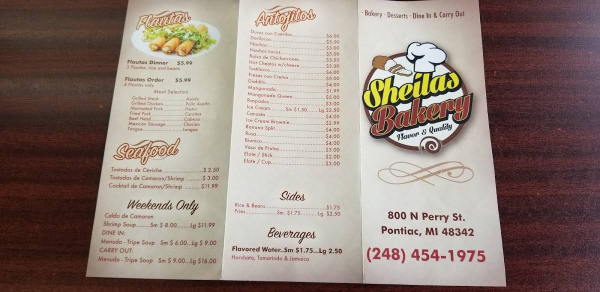 Menu at Sheila's Bakery, Pontiac