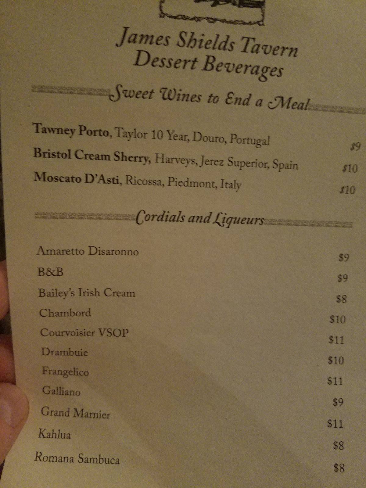 Menu at Shields Tavern restaurant, Williamsburg
