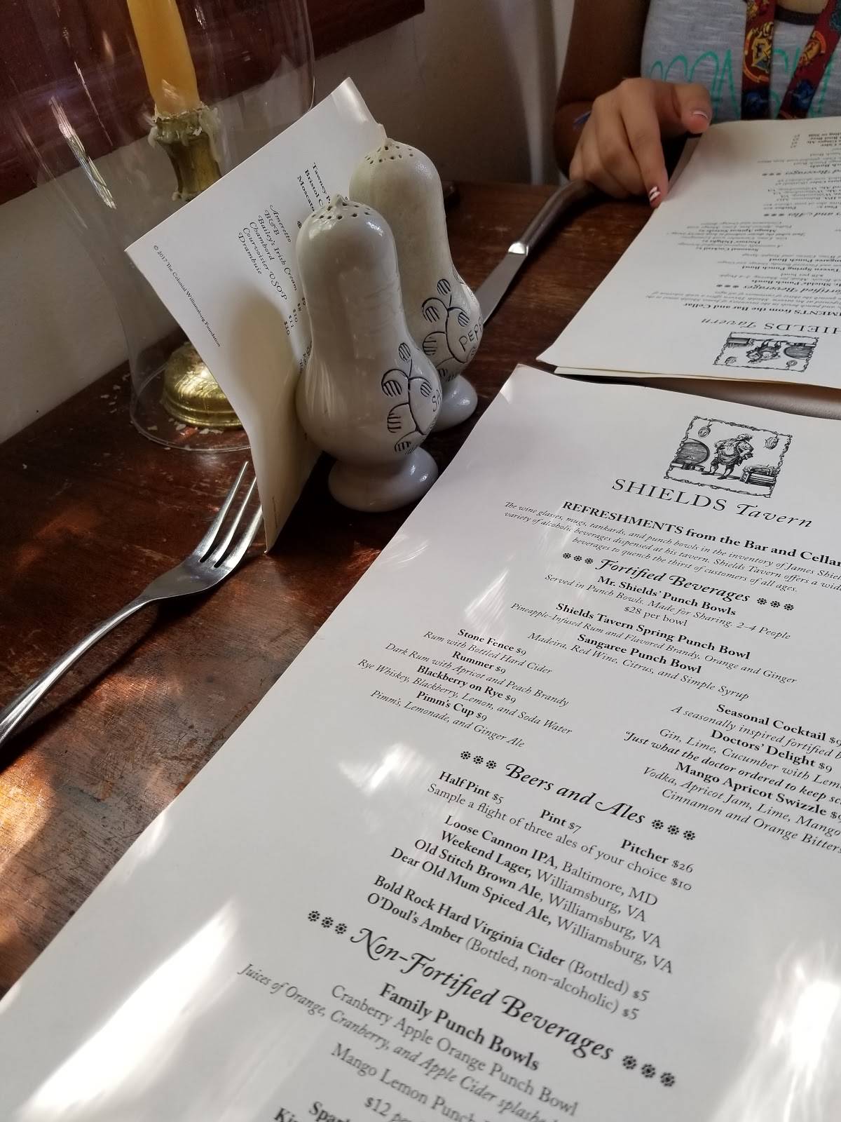 Menu at Shields Tavern restaurant, Williamsburg