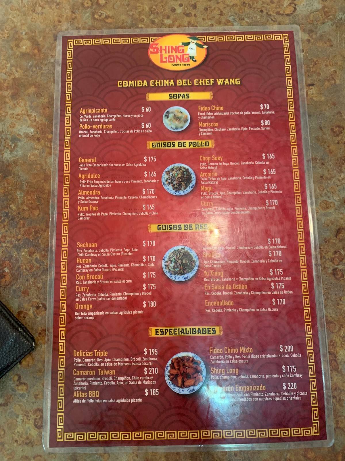 Carta del restaurante Shing Long, Monterrey, Av. Revolución 3448