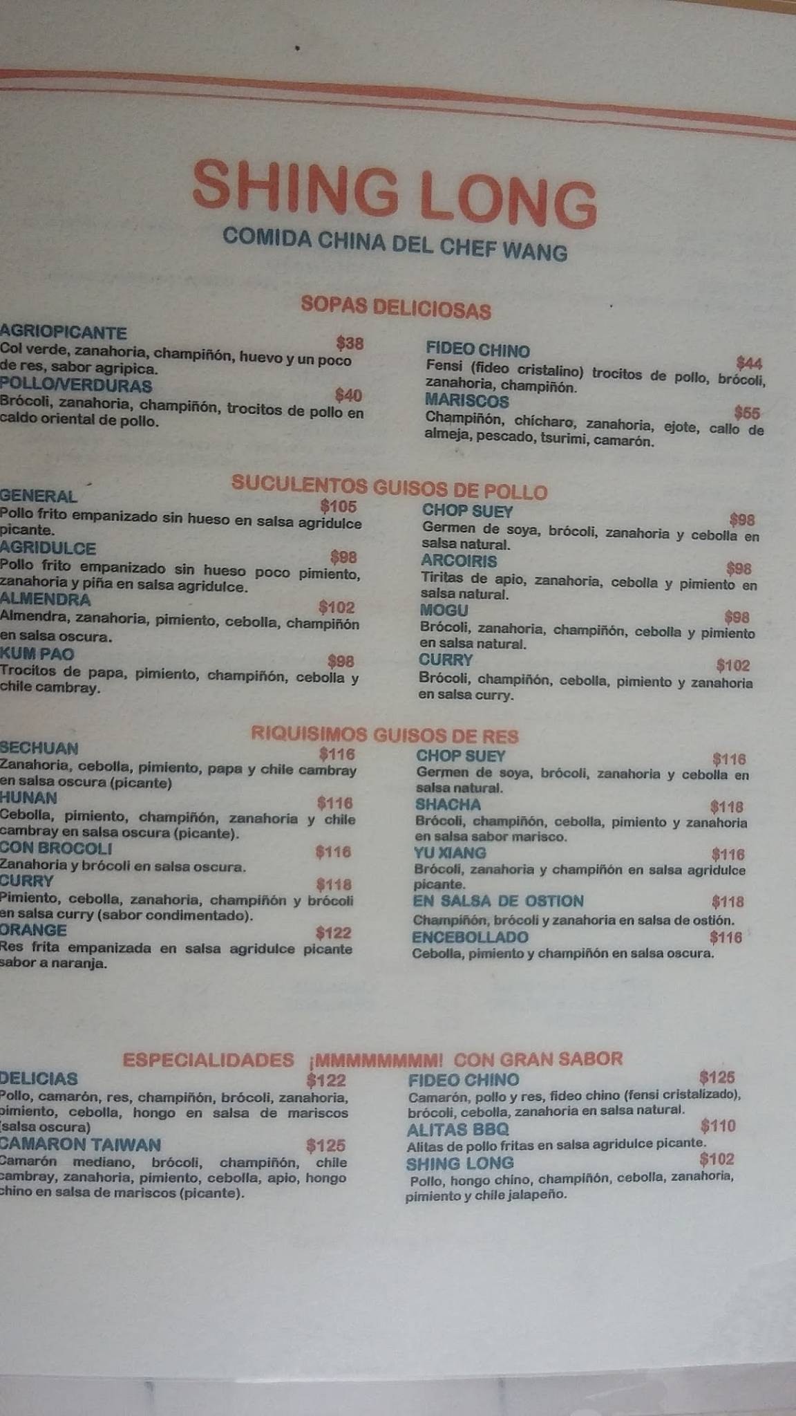 Carta del restaurante Shing Long, Monterrey, Av. Revolución 3448