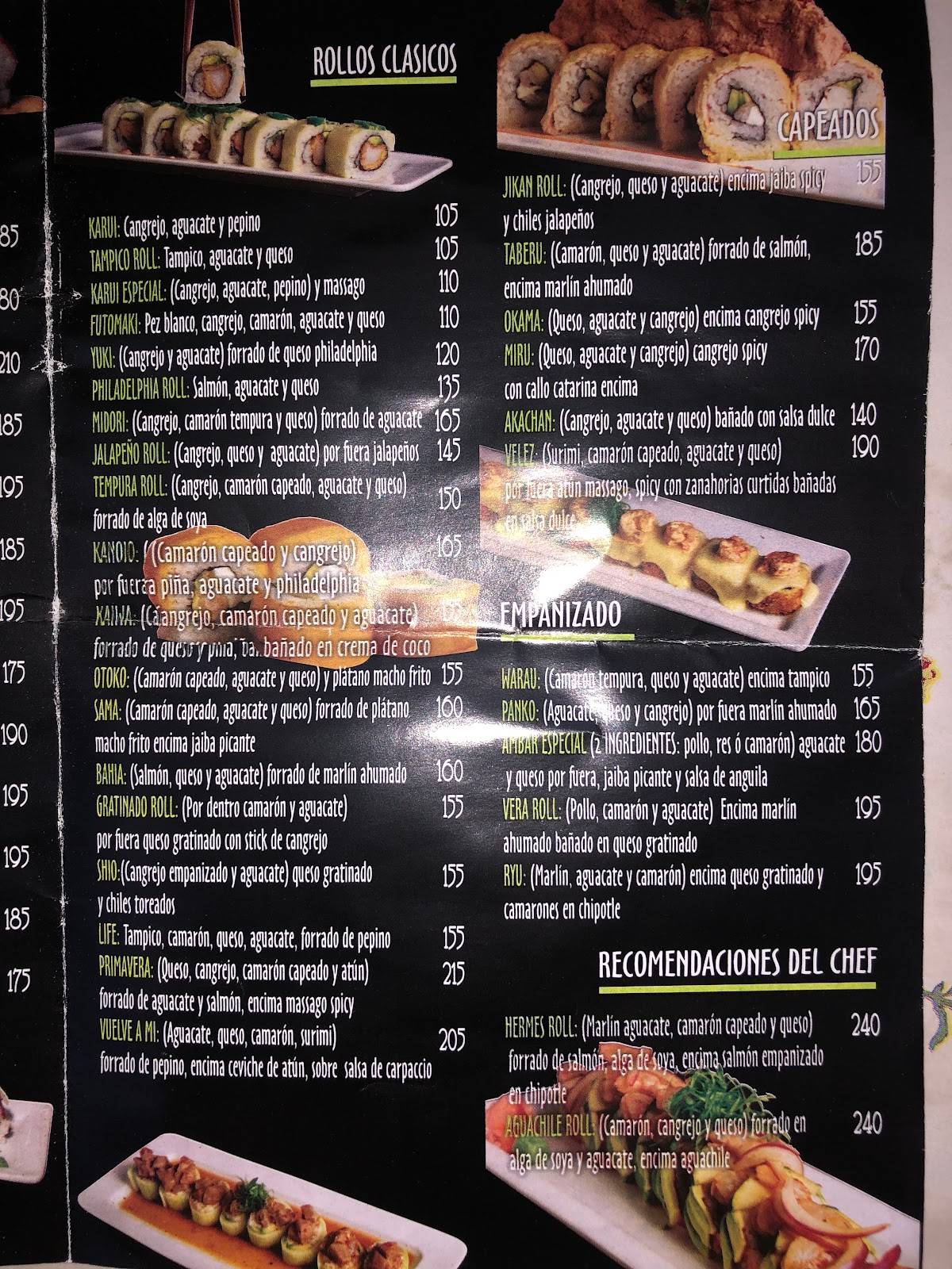 Carta del restaurante Shirami, Ensenada, C. Ambar 312
