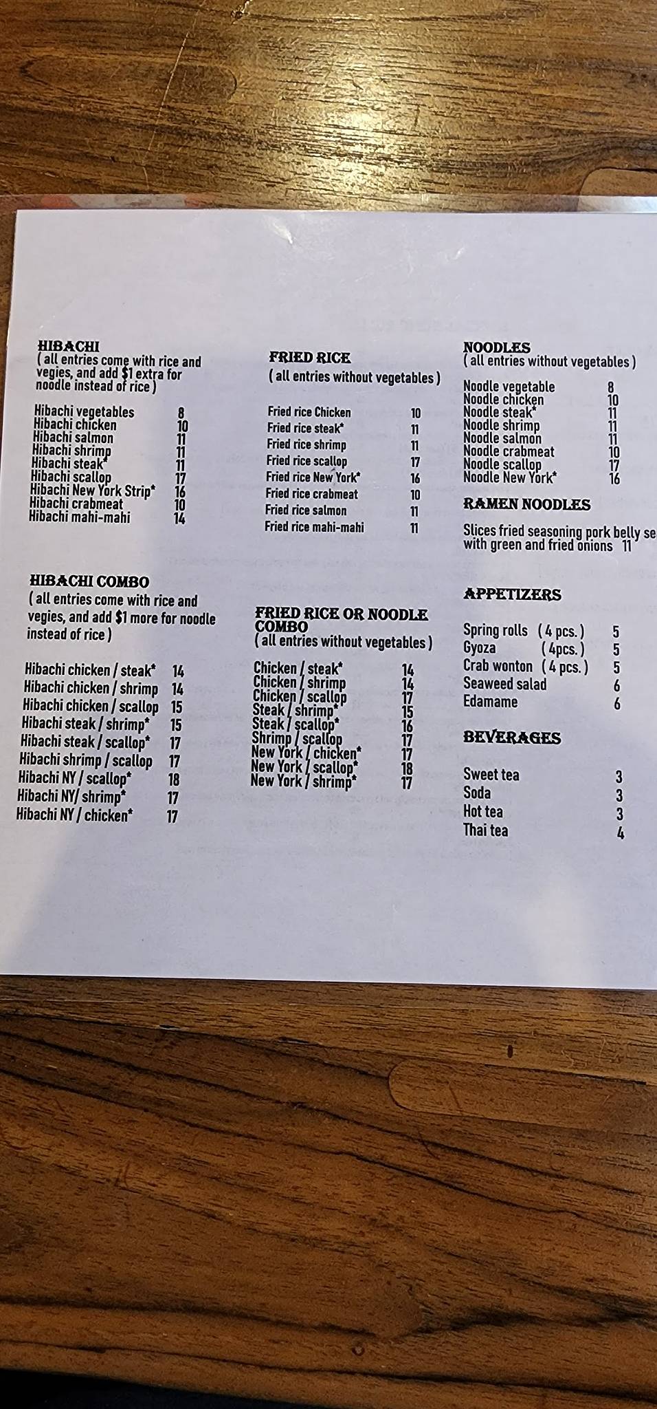Menu at Shogun Sushi & Hibachi restaurant, Marietta