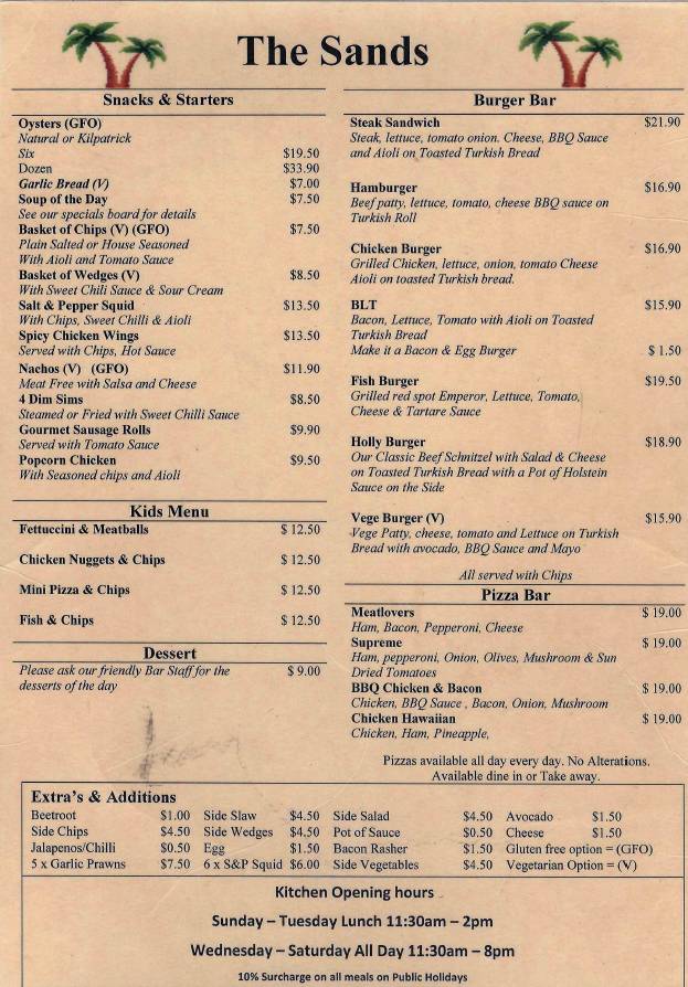 Menu at Silversands Tavern pub & bar, South Yunderup