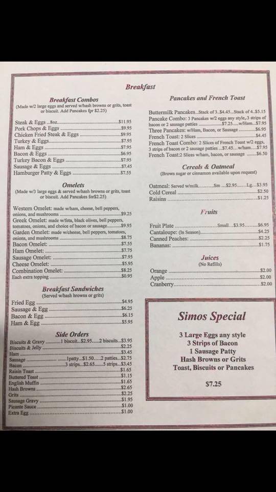 Menu at Simos Diner restaurant, Houston