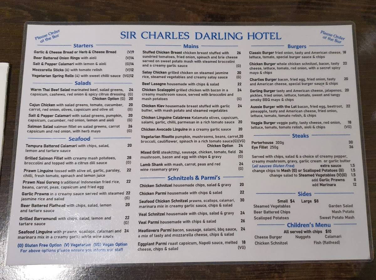 Menu at Sir Charles Darling Hotel restaurant, Geelong