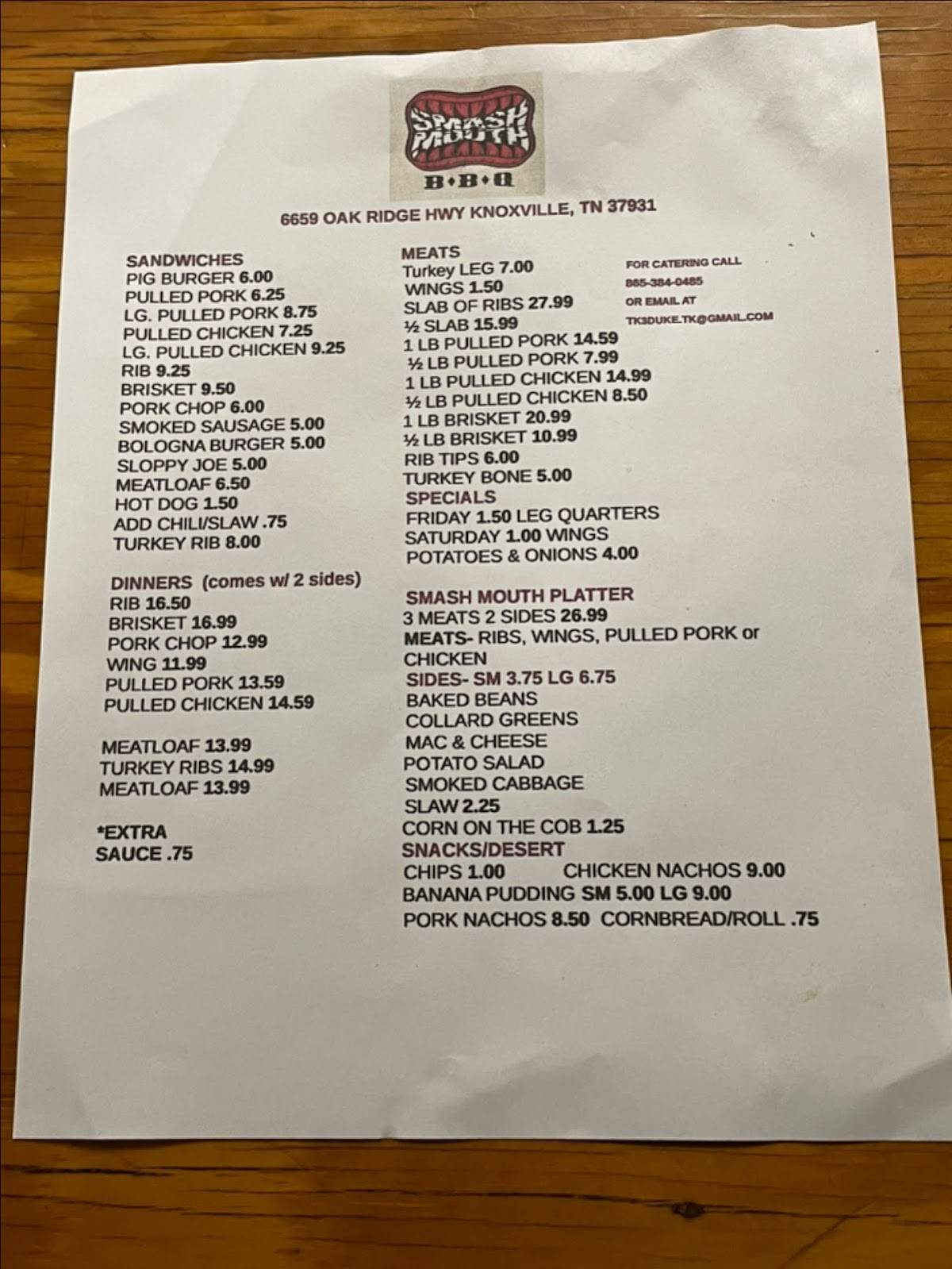 Menu at Smash Mouth BBQ, Knoxville