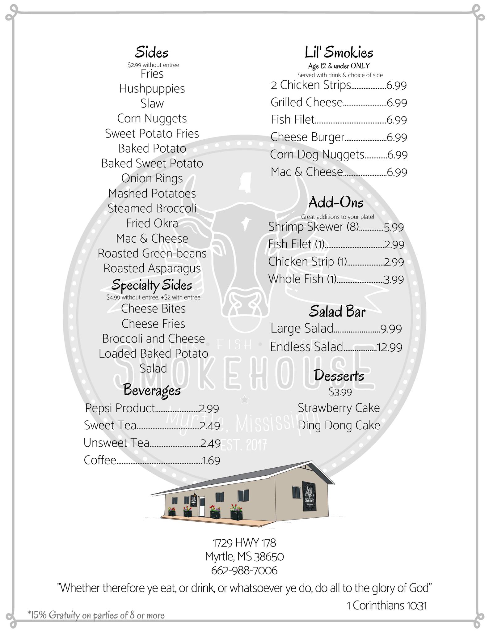 Menu at Smokehouse steakhouse, Myrtle