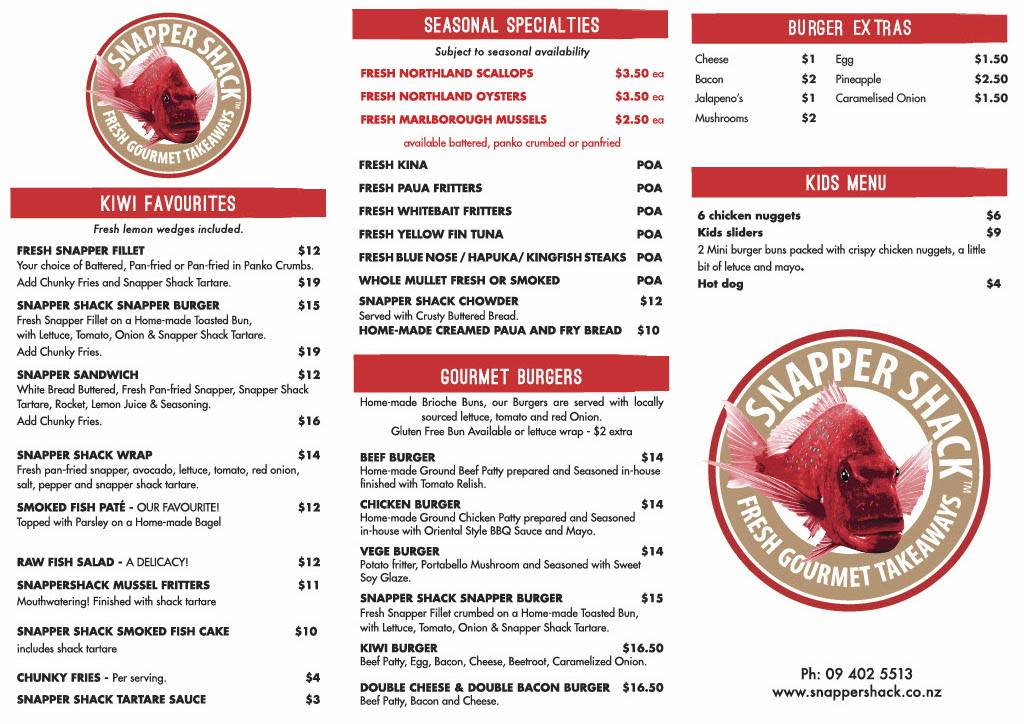 Menu at Snapper Shack, Haruru
