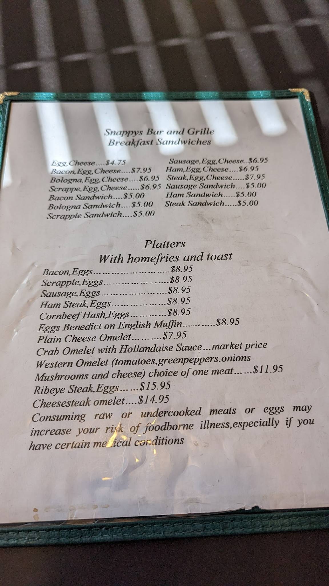 Menu at Snappy's Bar & Grille, Bridgeville