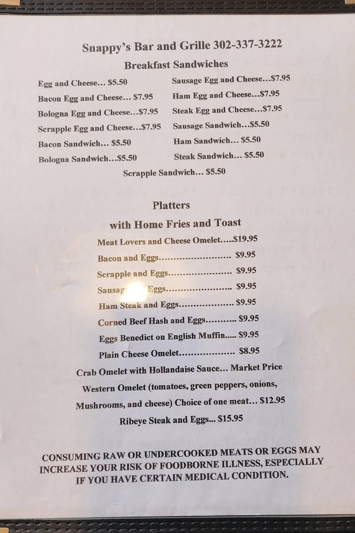 Menu at Snappy's Bar & Grille, Bridgeville