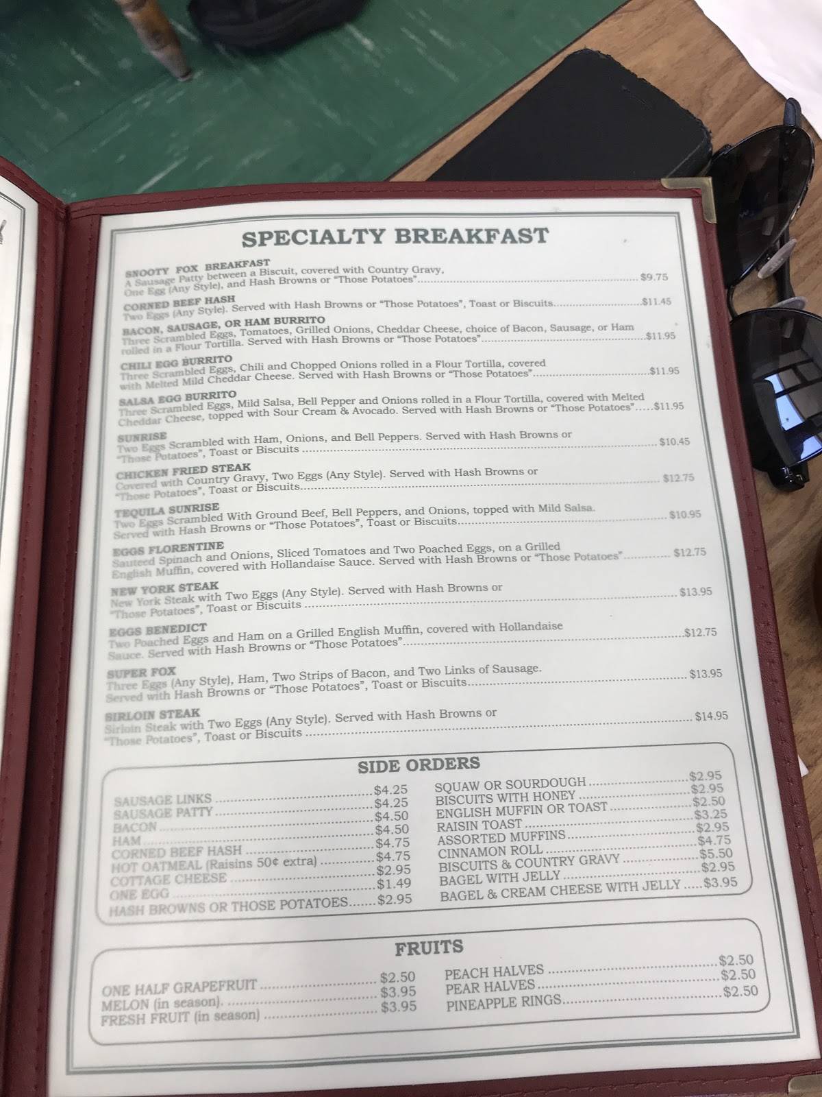 Menu at Snooty Fox restaurant, Laguna Hills