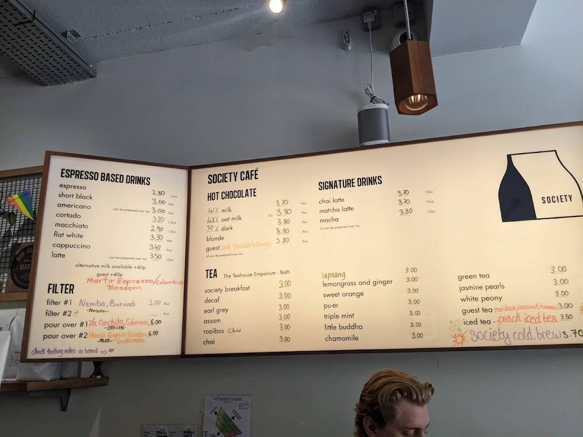 Menu at Society Café cafe, Oxford