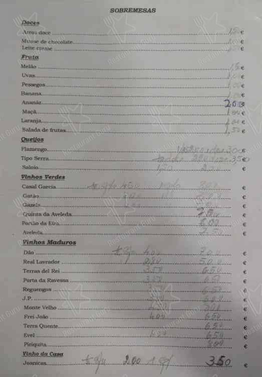 Menu at Sol Rio restaurant, Lisbon