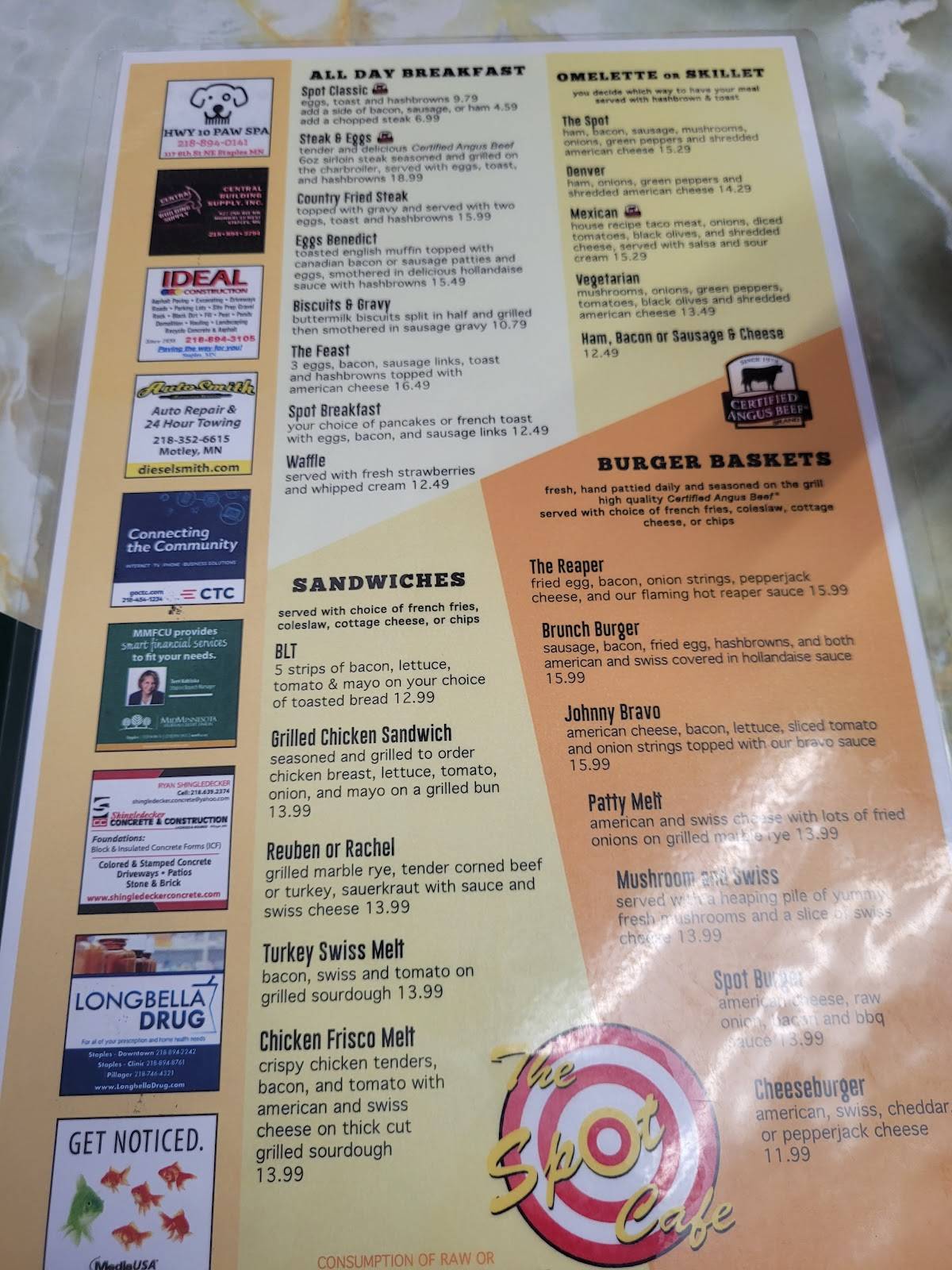 Menu at Spot Cafe, Staples