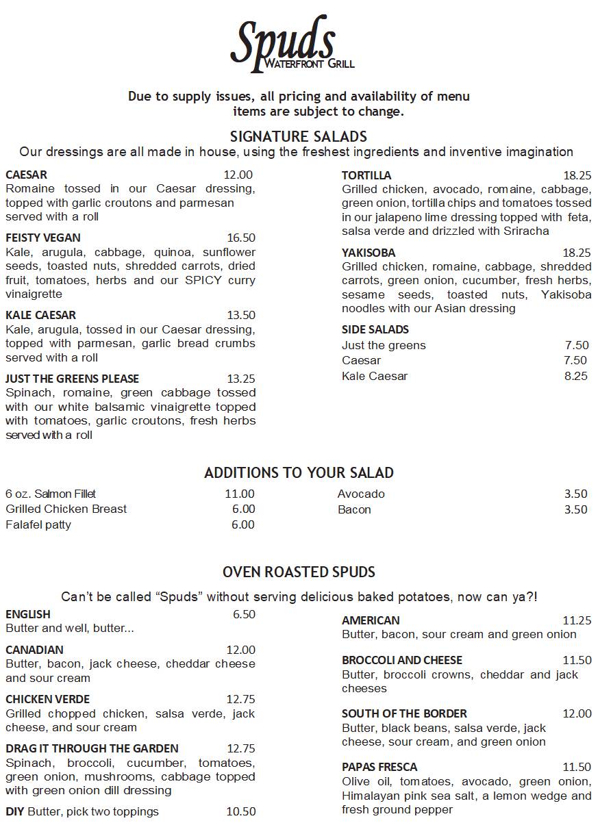 Menu at Spuds Waterfront Grill restaurant, Sandpoint