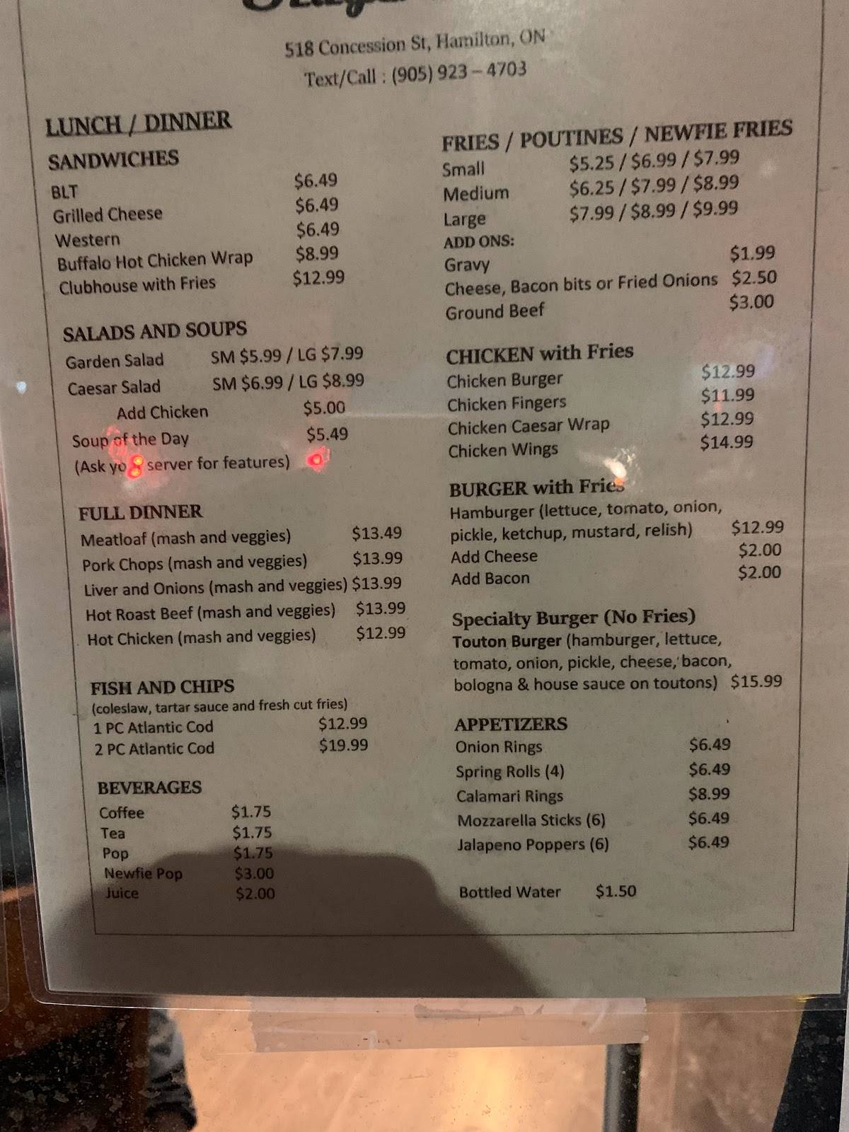 Menu at Stage Diner restaurant, Hamilton