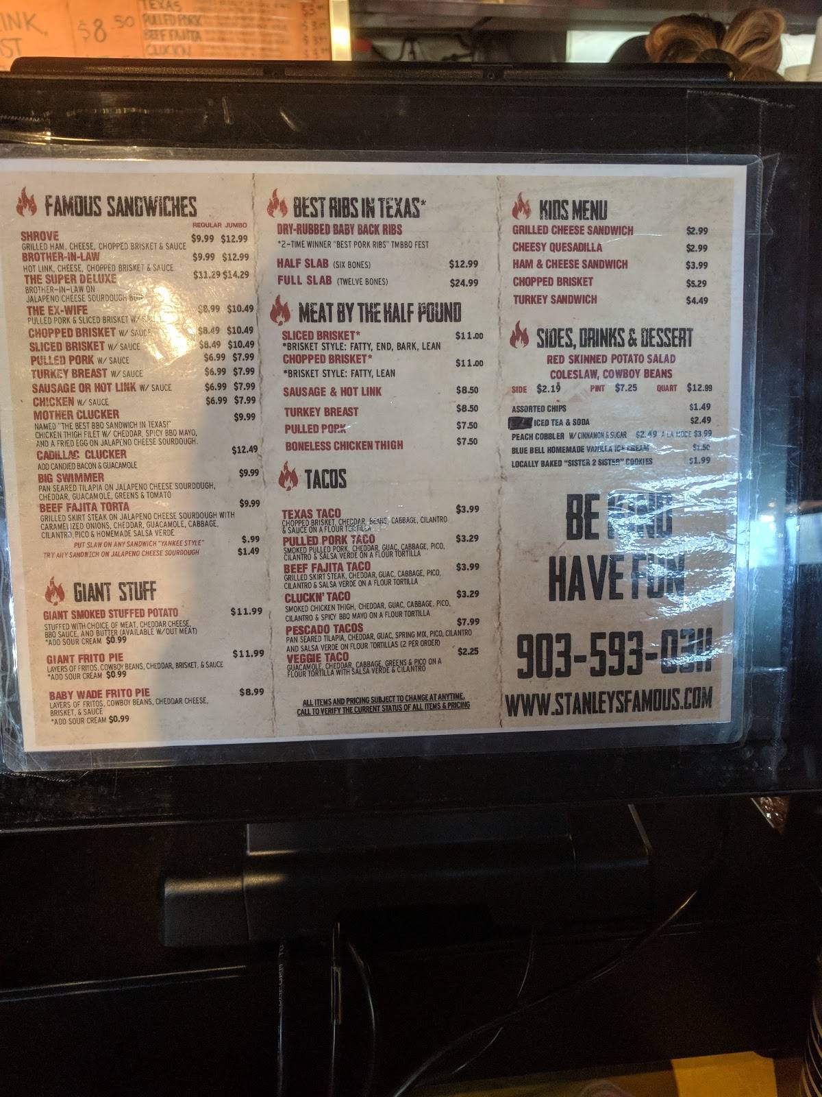Menu at Stanley's Famous Pit Barbecue, Tyler