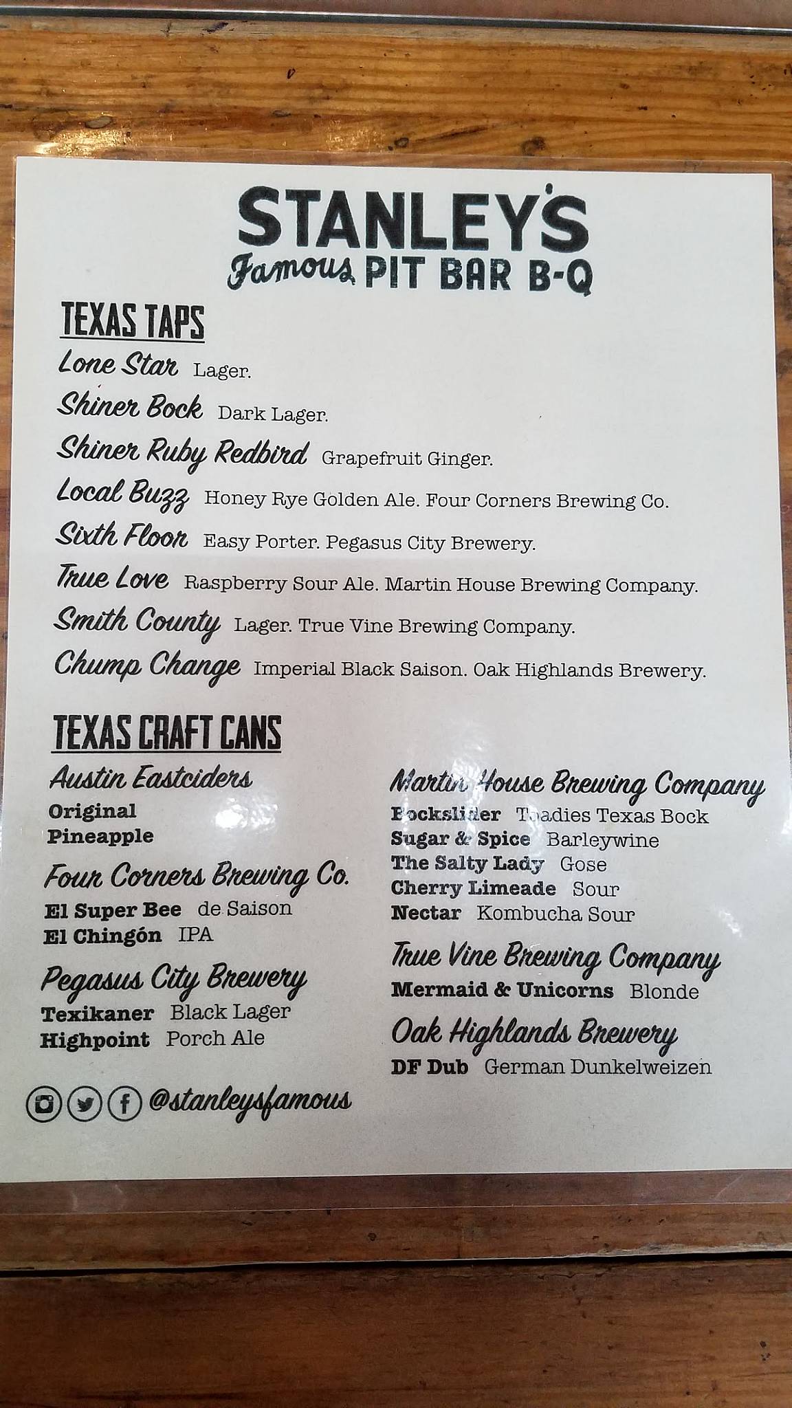Menu at Stanley's Famous Pit Barbecue, Tyler