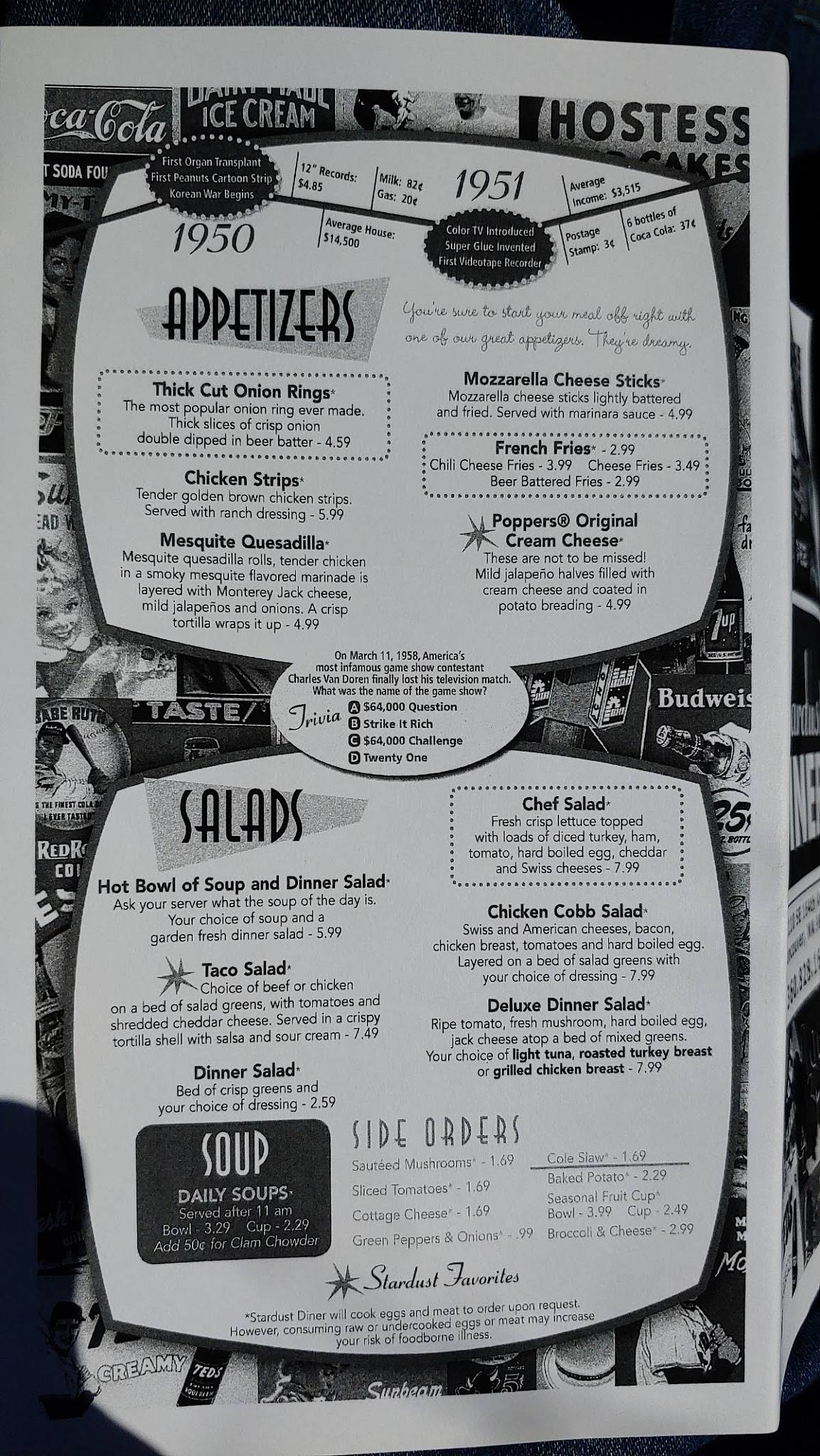 Menu at Stardust Diner cafe, Vancouver