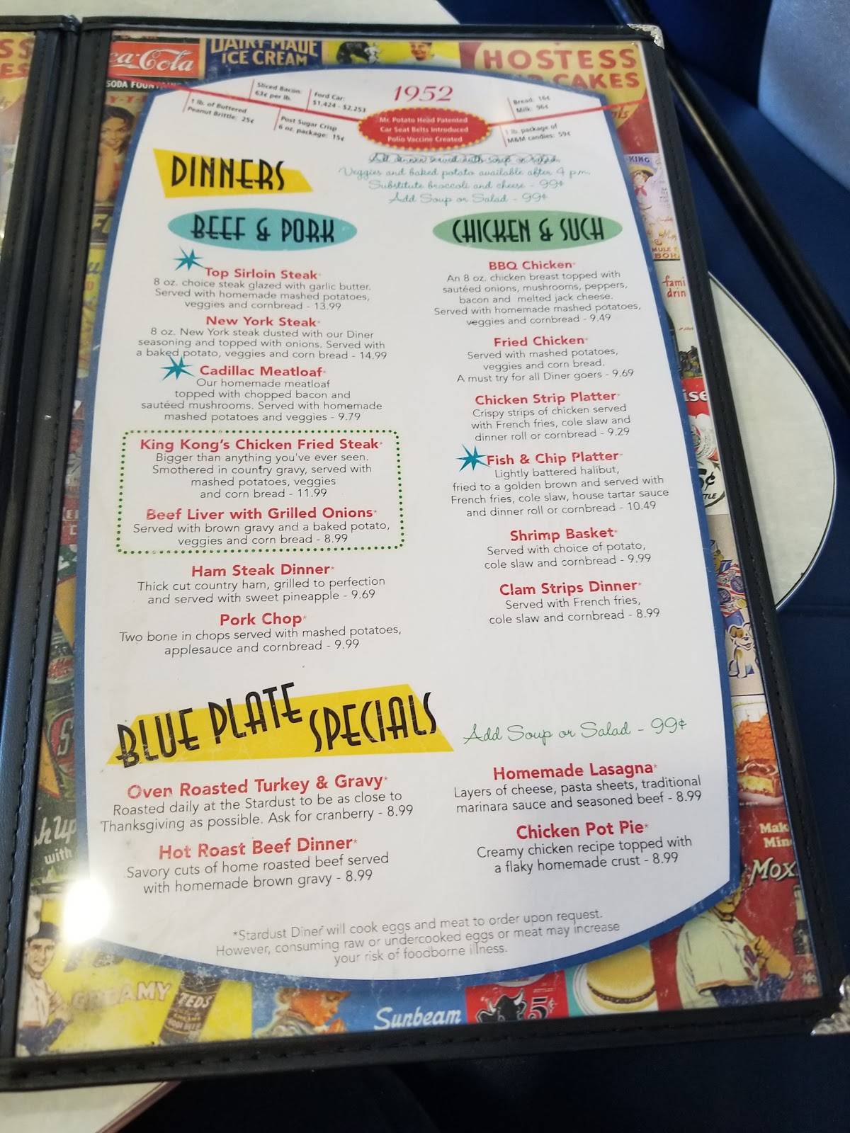 Menu at Stardust Diner cafe, Vancouver