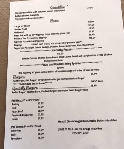 Menu at State Street Deli restaurant, Heuvelton, 108 S State St