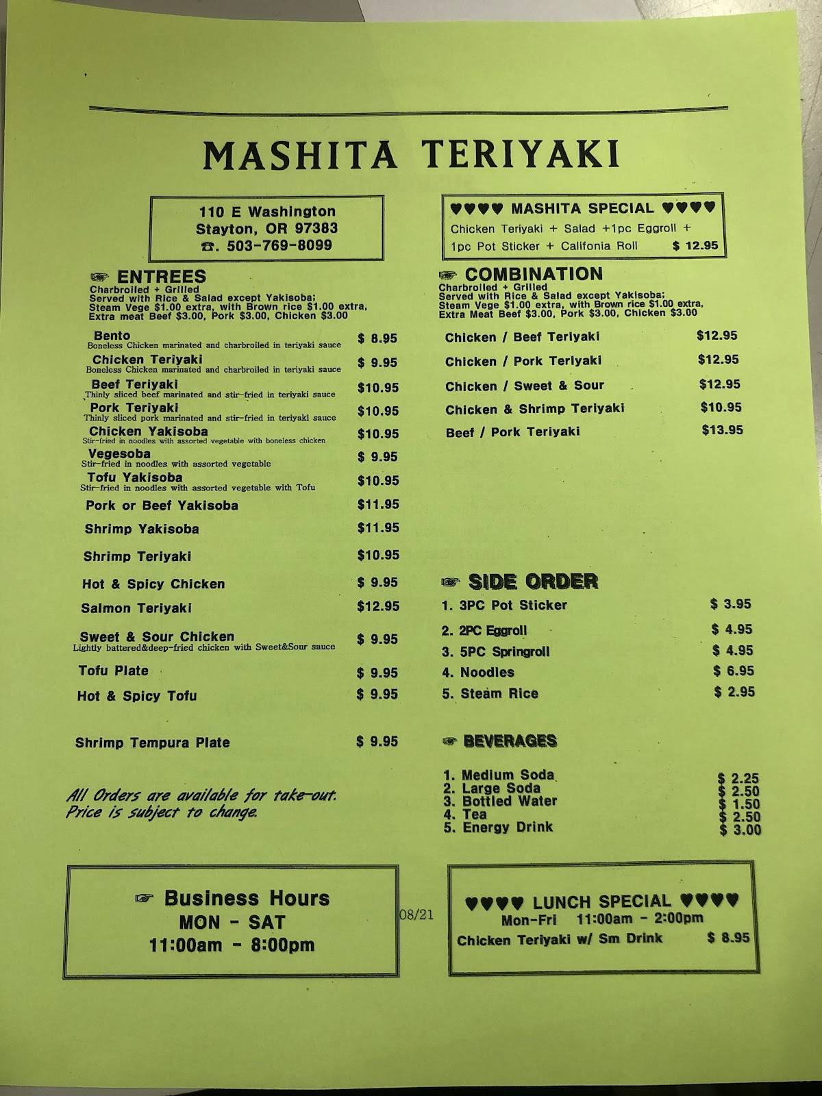 Menu at Mashita Teriyaki Restaurant, Stayton