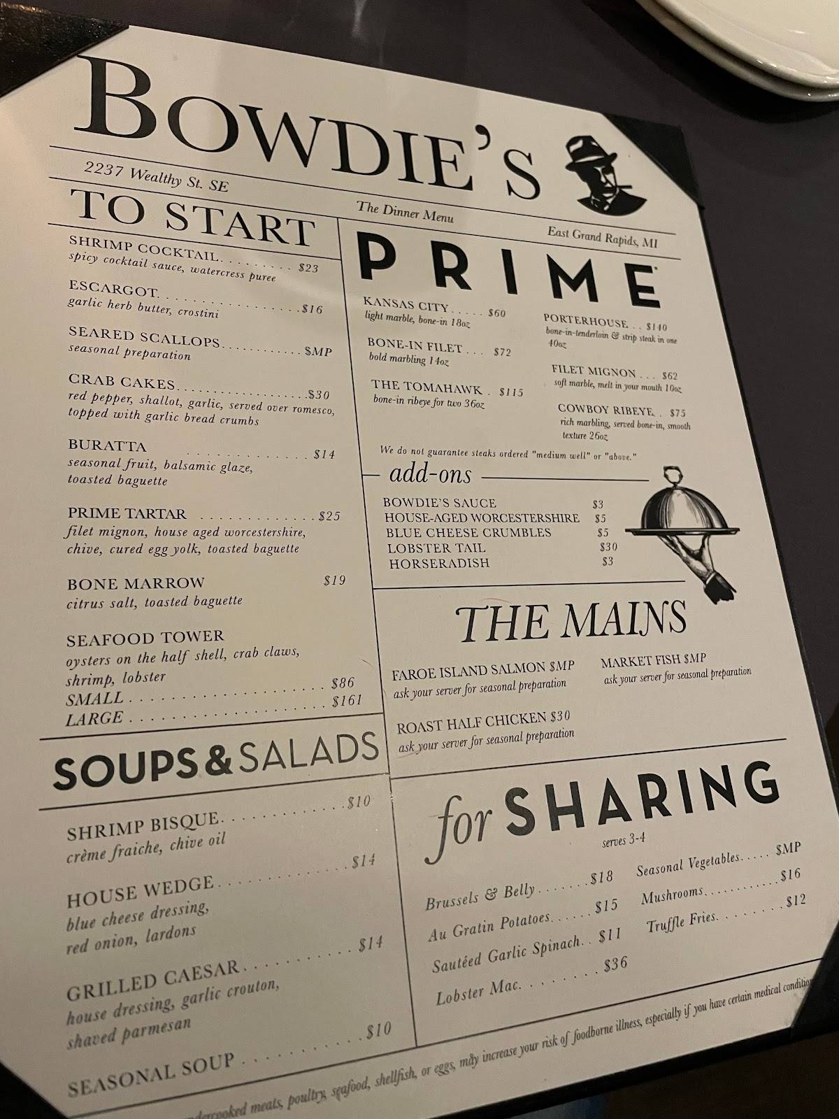 Menu at Bowdie’s Chophouse steakhouse, East Grand Rapids