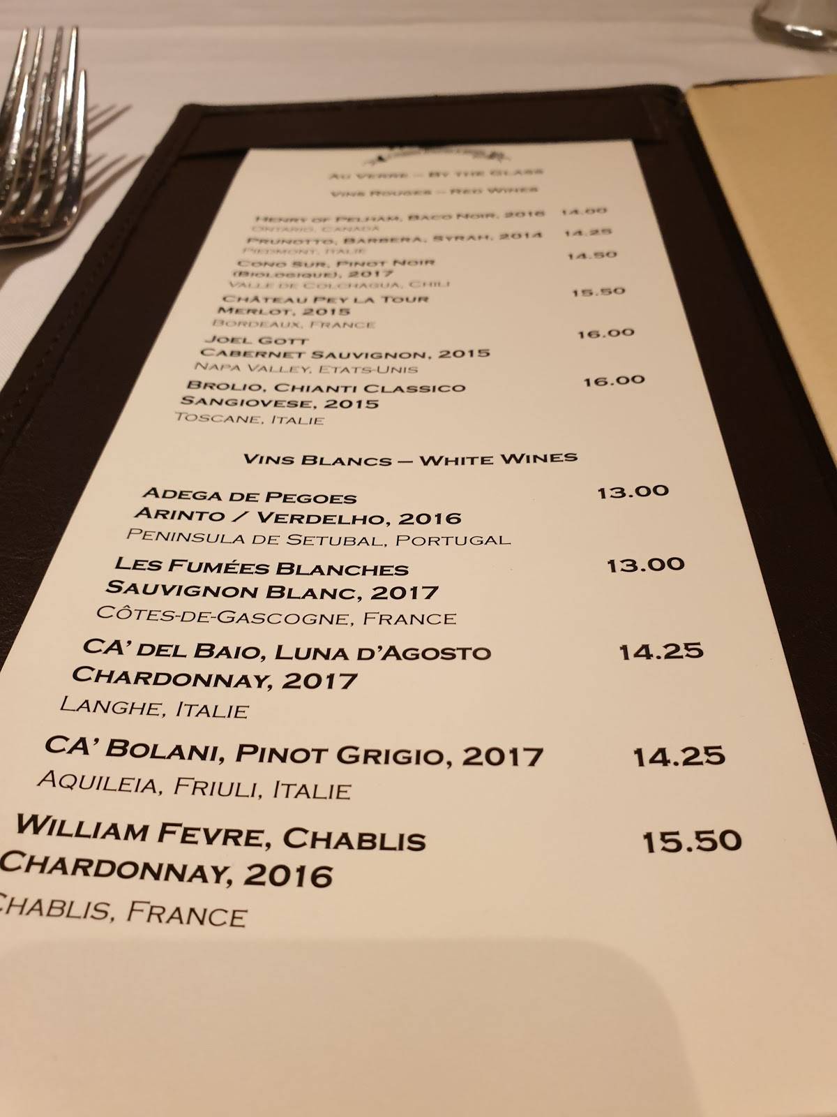Menu at Moishes steakhouse, Montréal, Rue du Square-Victoria