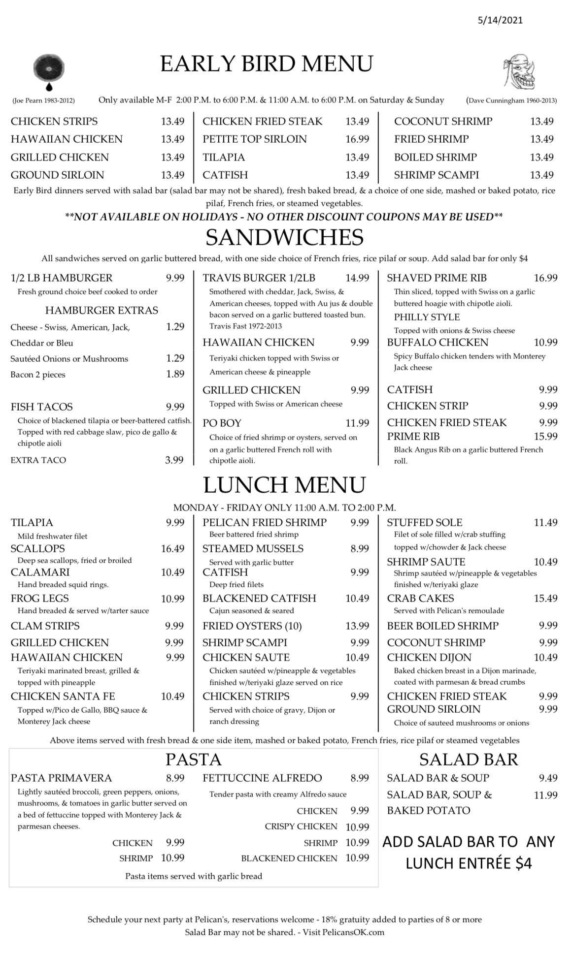 Menu at Pelican's Restaurant, Midwest City