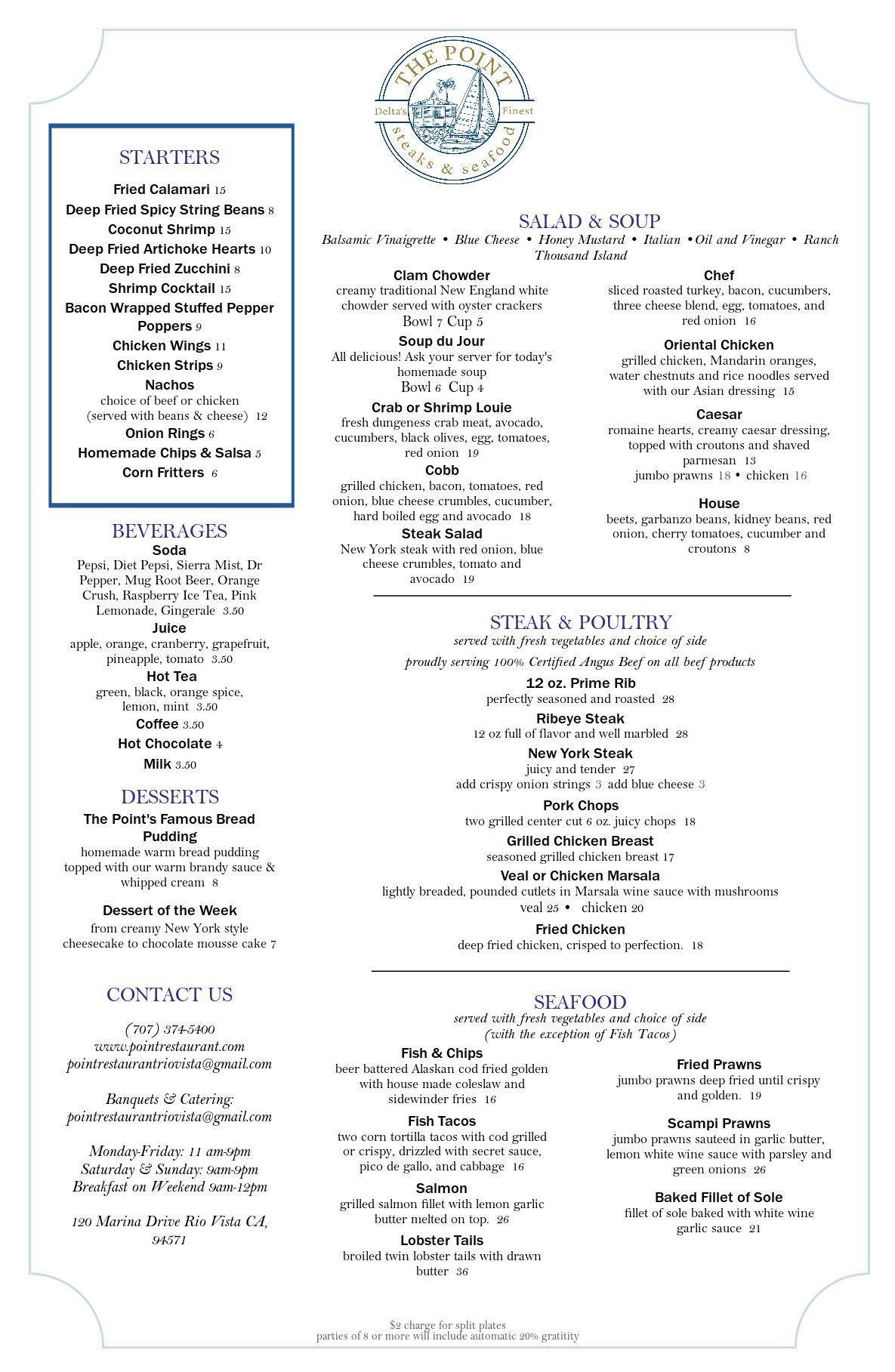 Menu at The Point Restaurant, Rio Vista
