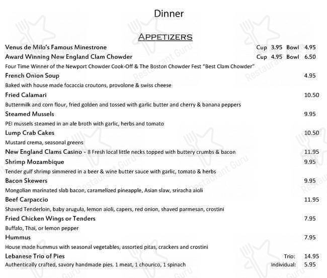 Menu at Venus de Milo steakhouse, Swansea, 75 Grand Army of the ...
