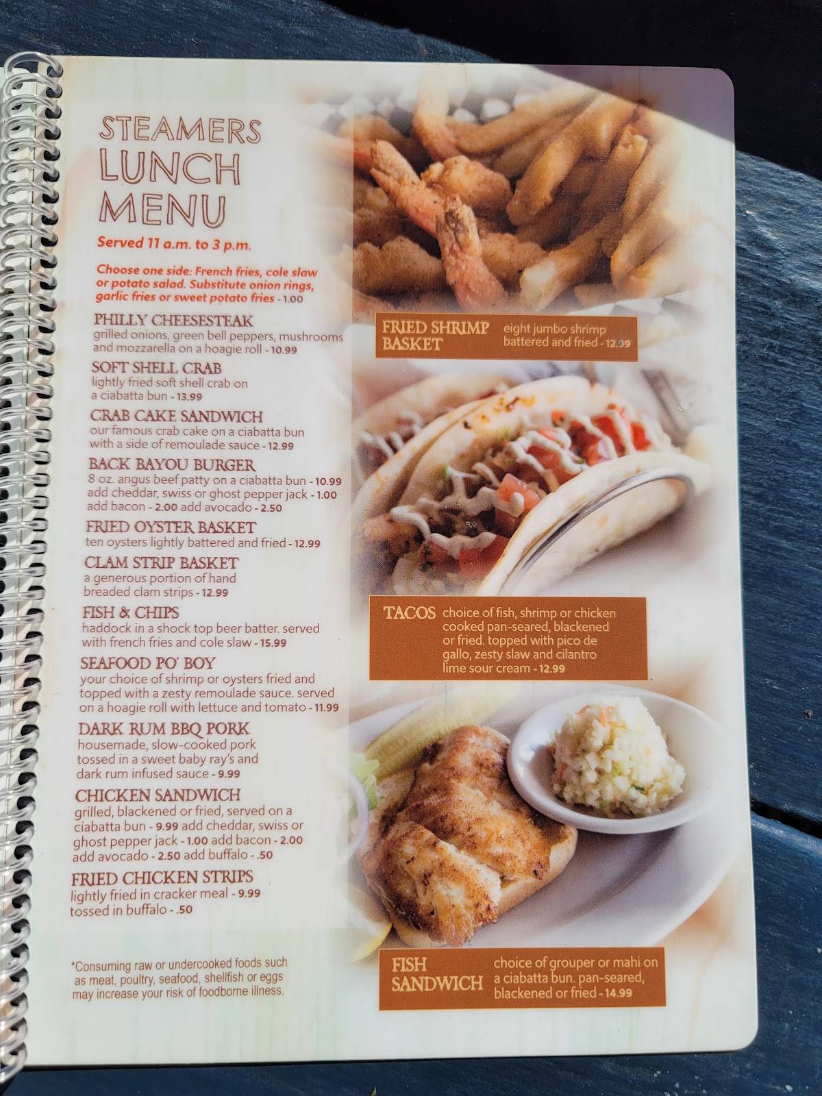 Menu at Steamers restaurant, Cedar Key, 420 Dock St