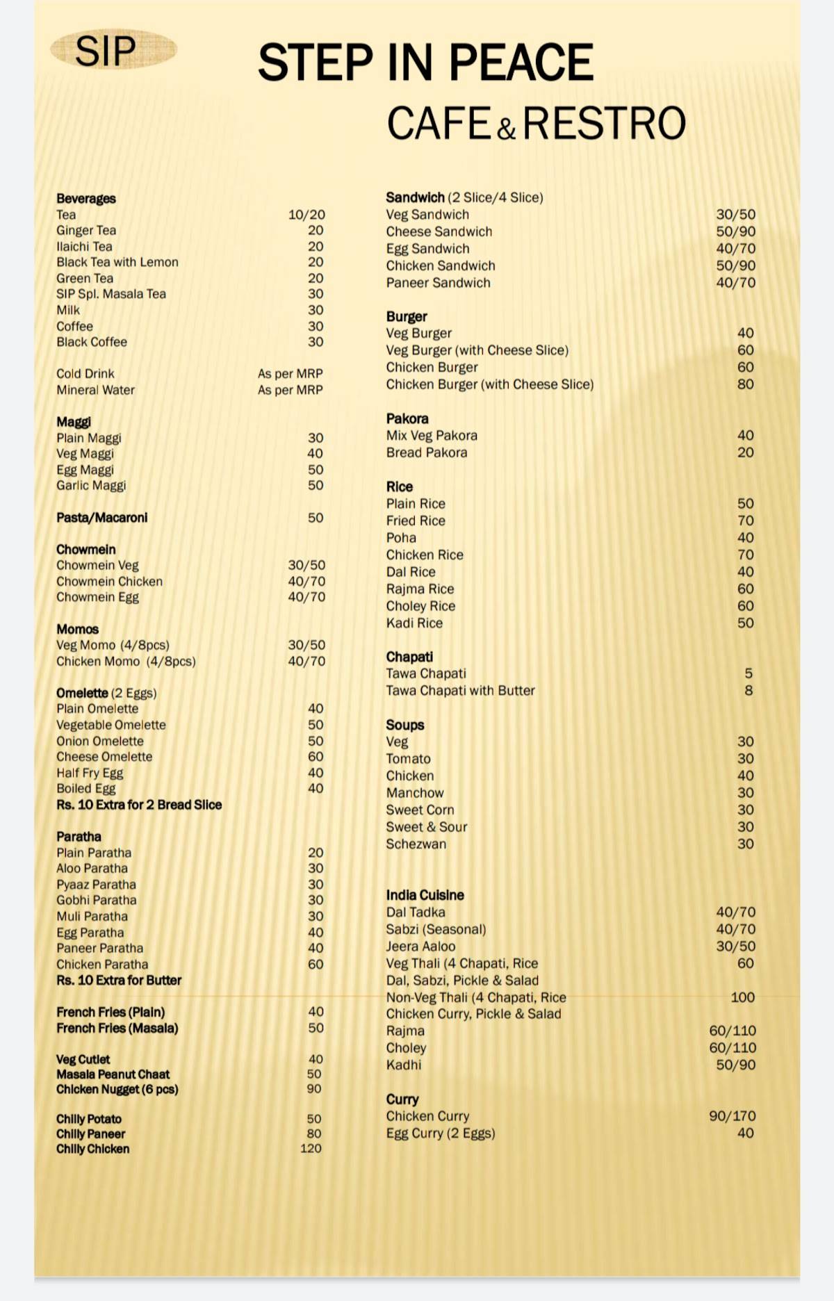Menu at Step in Peace Cafe & Restro, Sudhowala