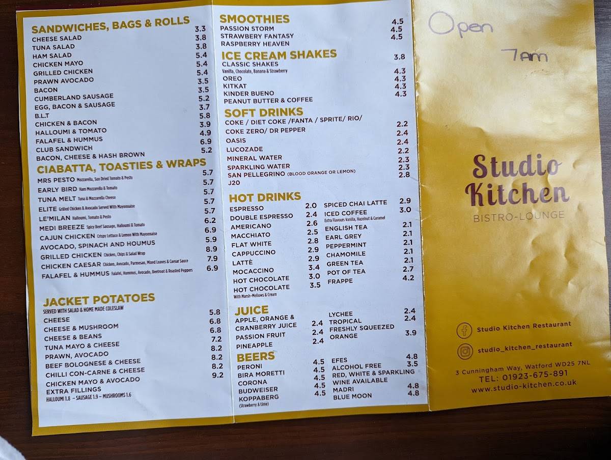 Menu at Studio Kitchen restaurant, Watford
