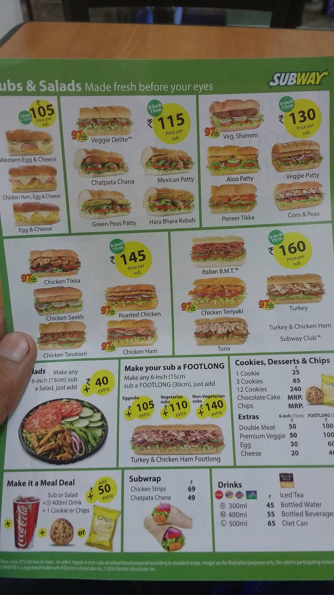Menu at Subway, New Delhi, M-8