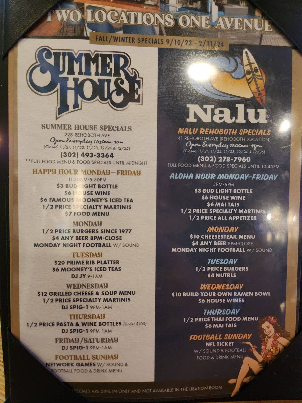 Menu at Summer House steakhouse, Rehoboth Beach