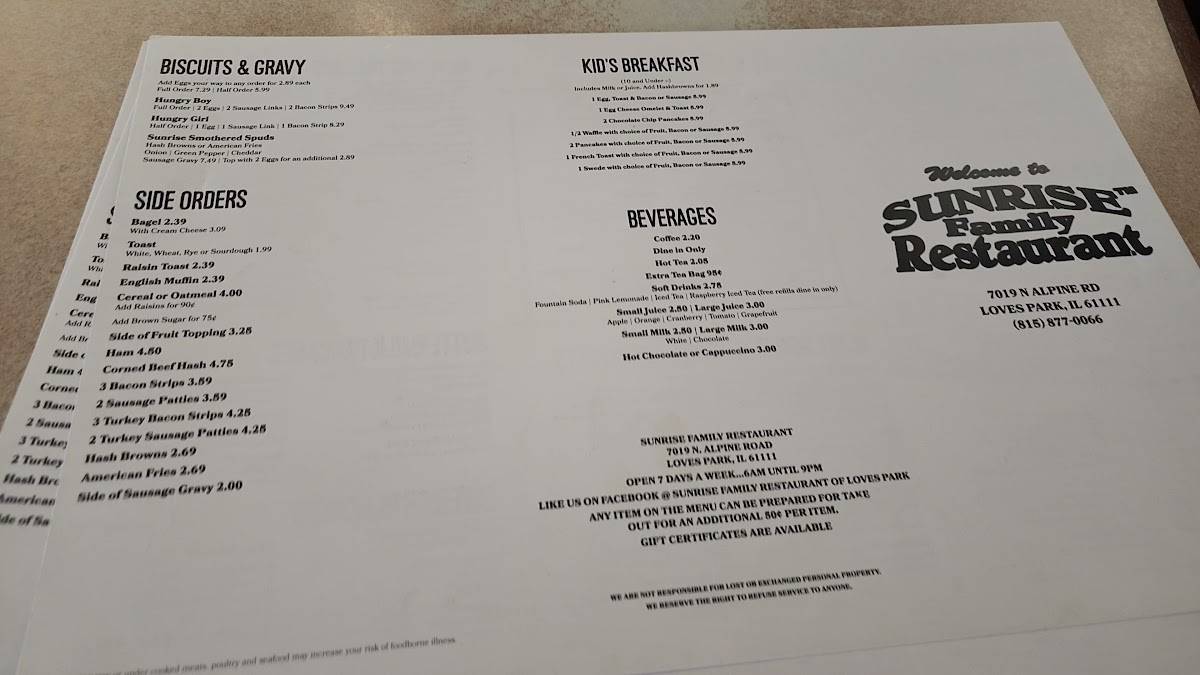 Menu at Sunrise Family Restaurant, Loves Park, N Alpine Rd