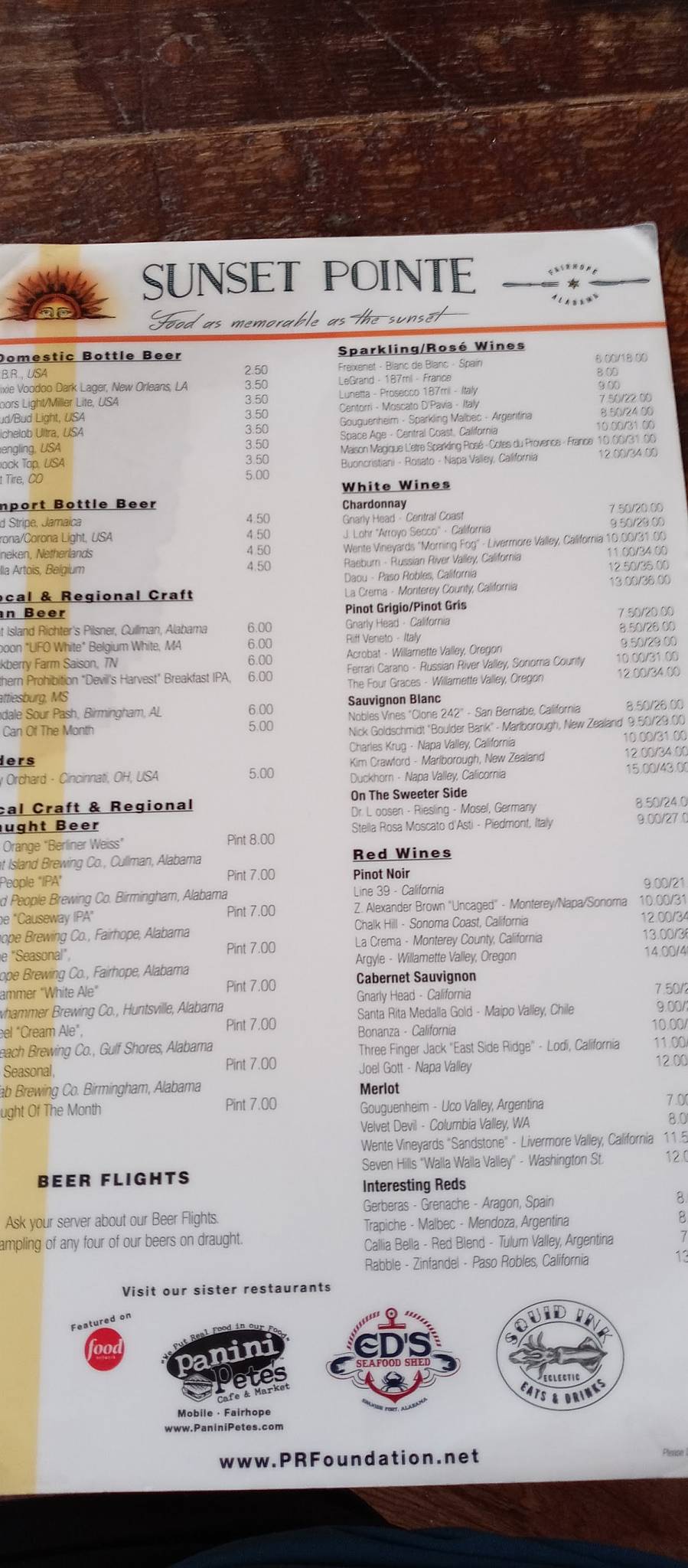 Menu at Sunset Pointe at Fly Creek Marina pub & bar, Fairhope