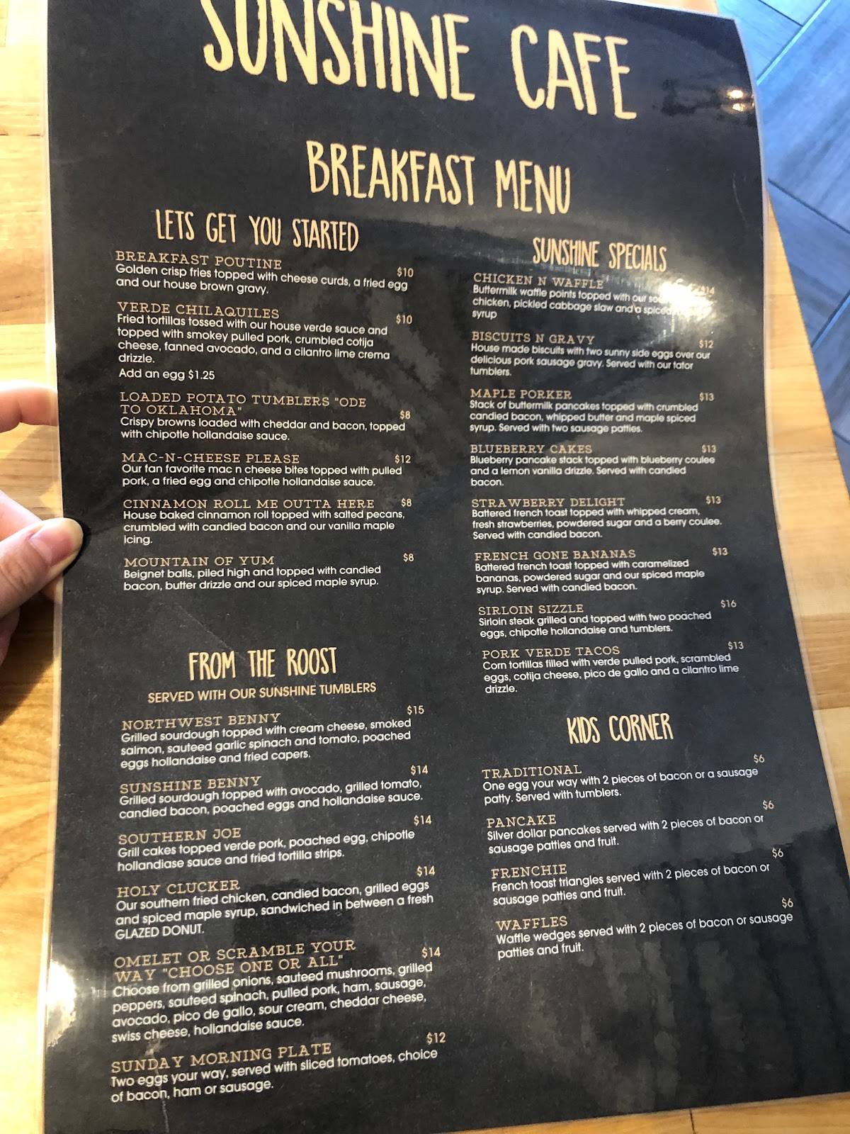 Menu at Sunshine Cafe, Sequim