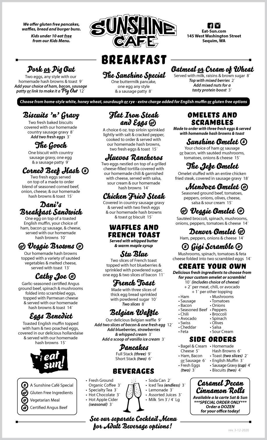 Menu at Sunshine Cafe, Sequim
