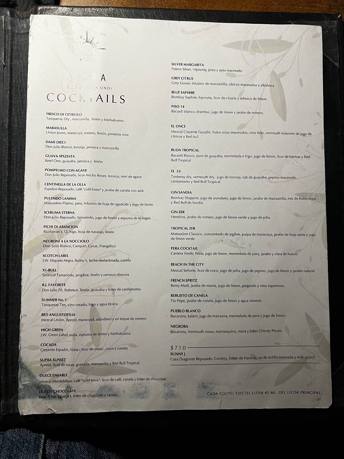 Carta del restaurante Supra Roma Rooftop, Ciudad del México