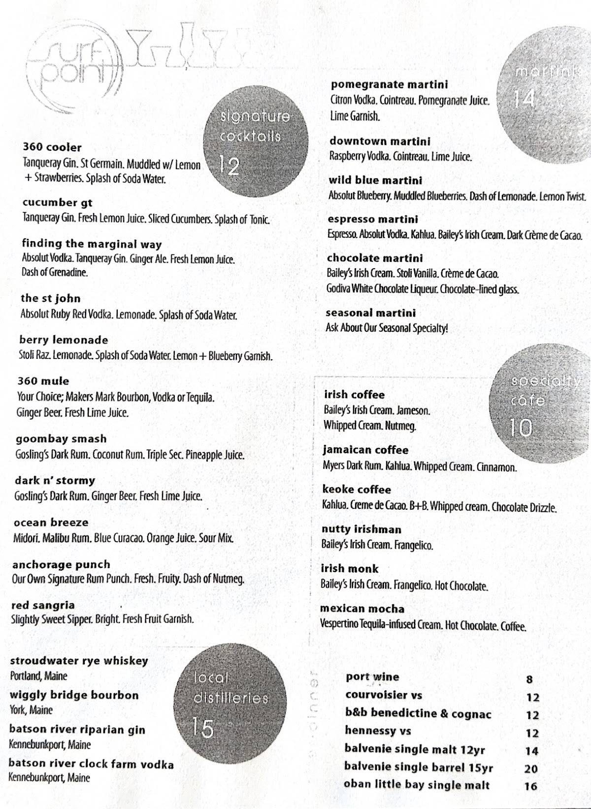 Menu at Surf Point 360 pub & bar, Ogunquit, 125 Shore Rd