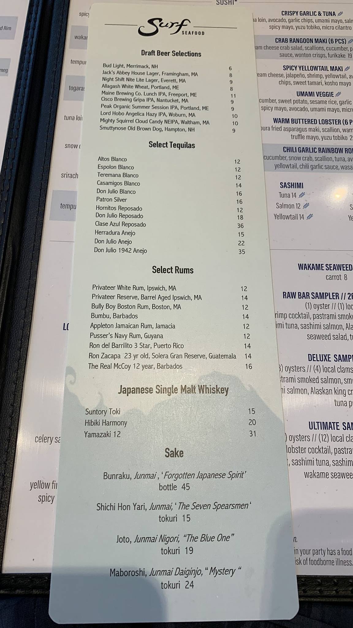 Menu at Surf Woburn restaurant, Woburn