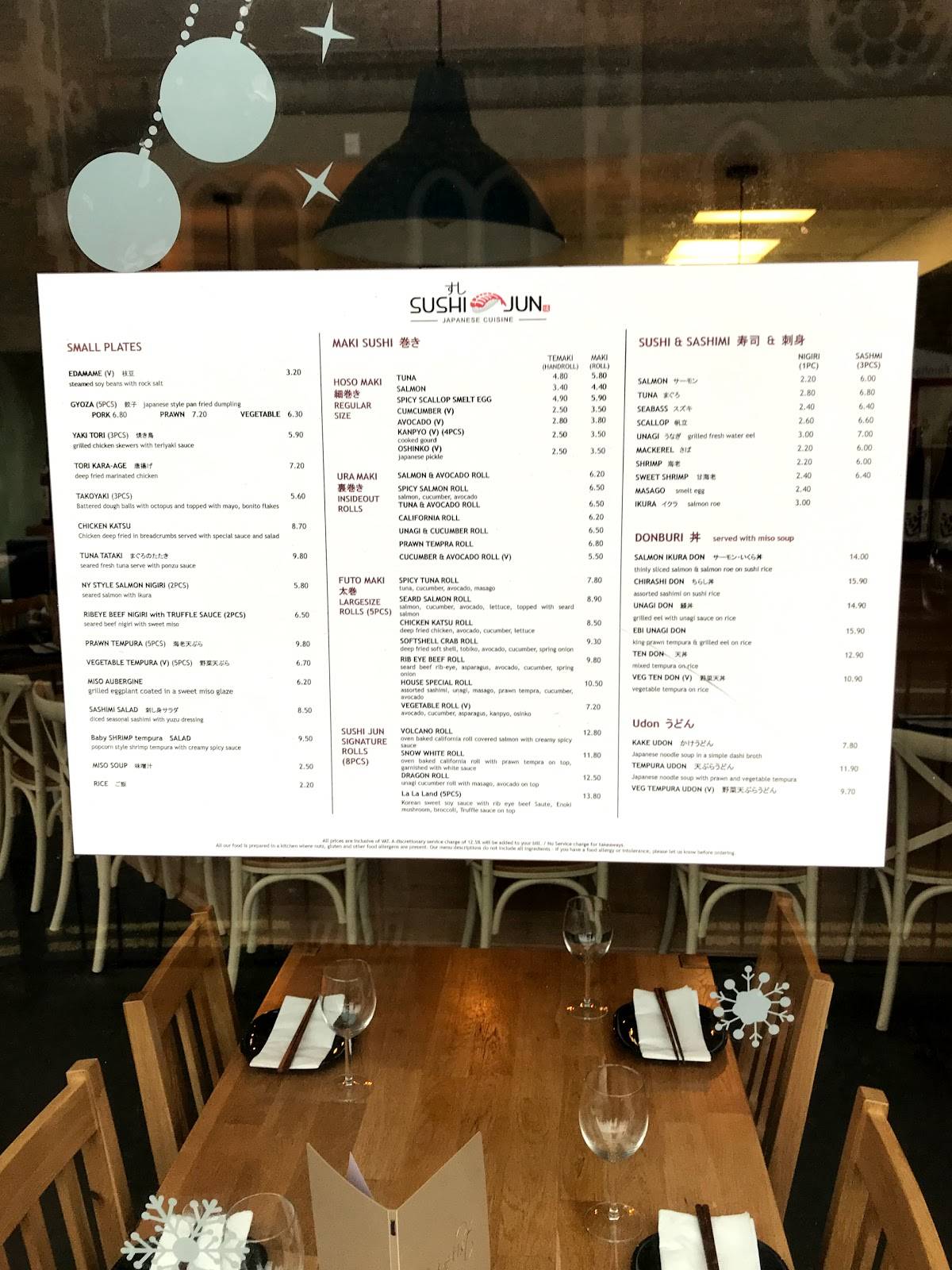 Menu at Sushi Jun restaurant, Farnham