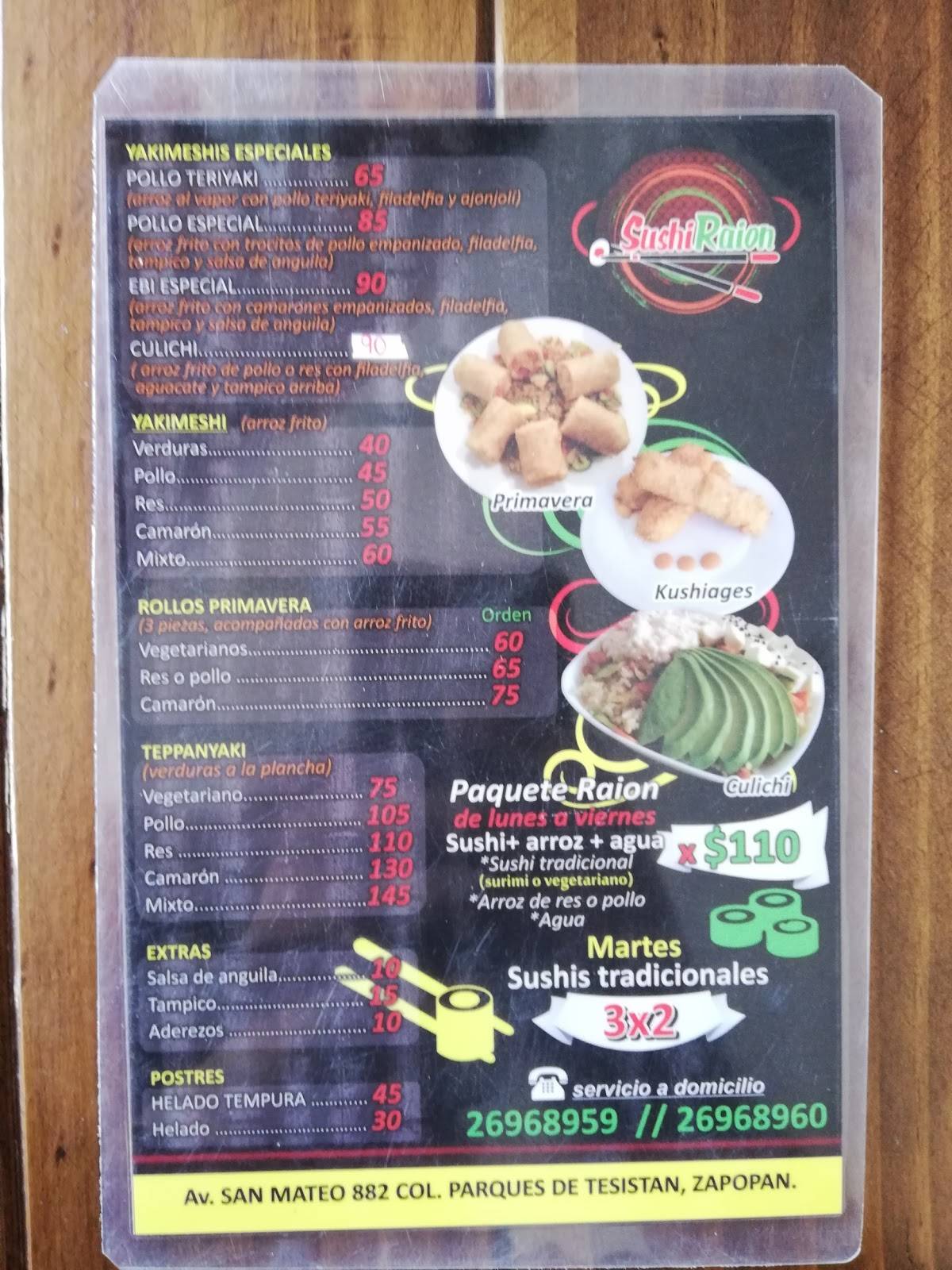 Carta del restaurante Sushi Raion Parques del Tesistan, Zapopan