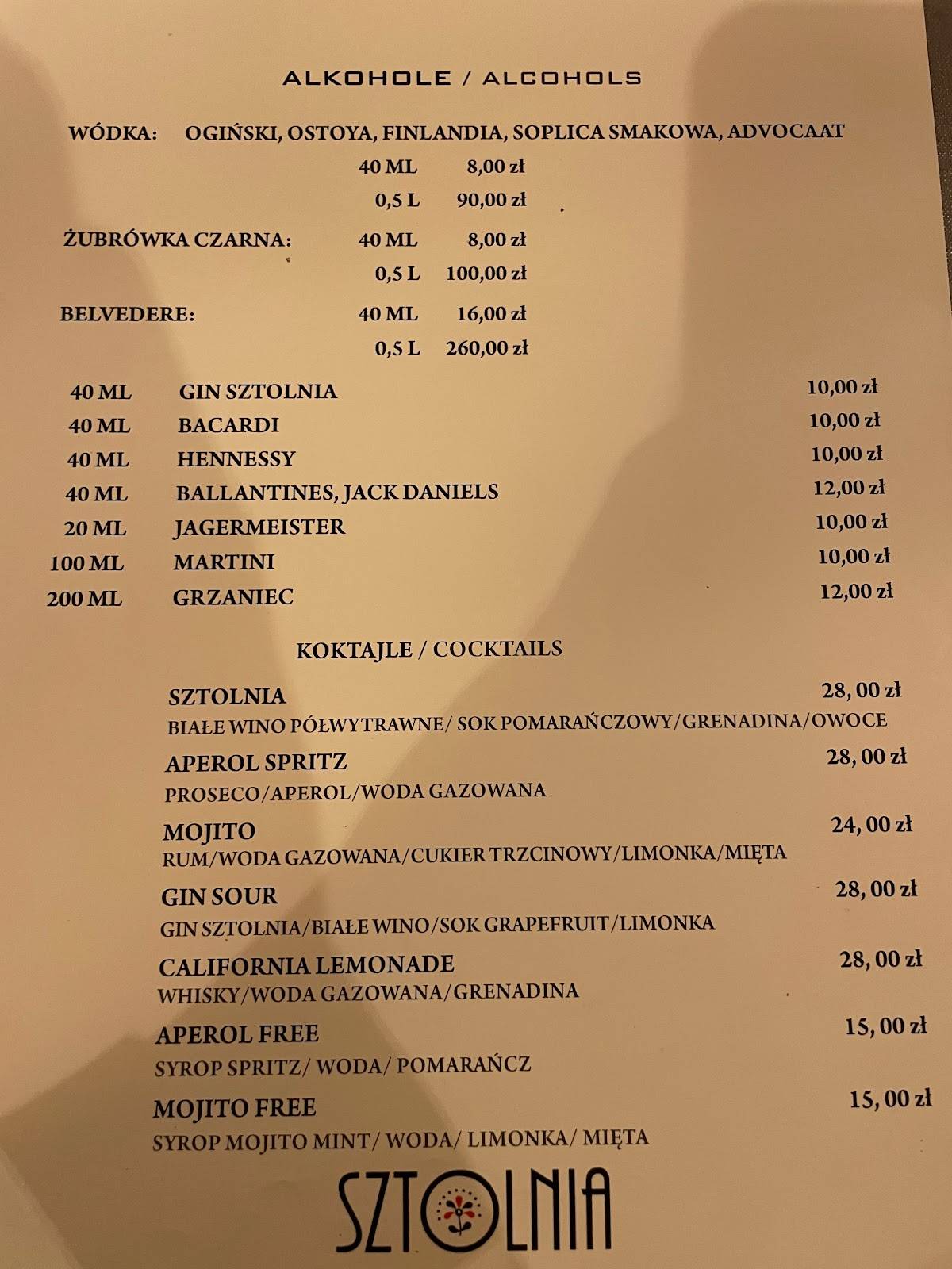 Menu at Sztolnia Wieliczka restaurant, Wieliczka